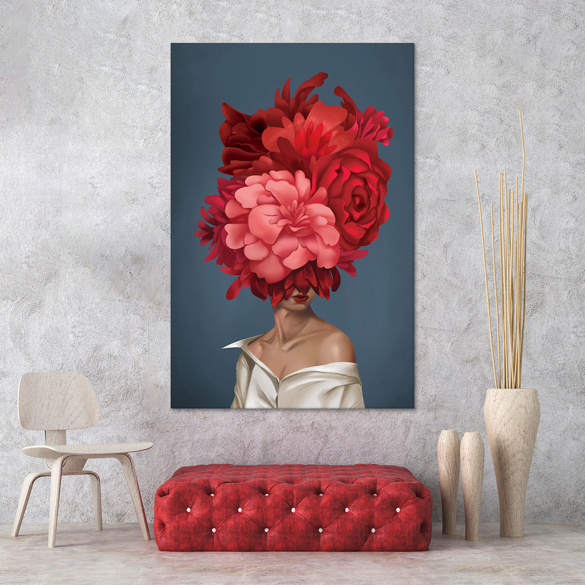 Tablou canvas decorativ fata cu flori rosii | LaGalerie.ro